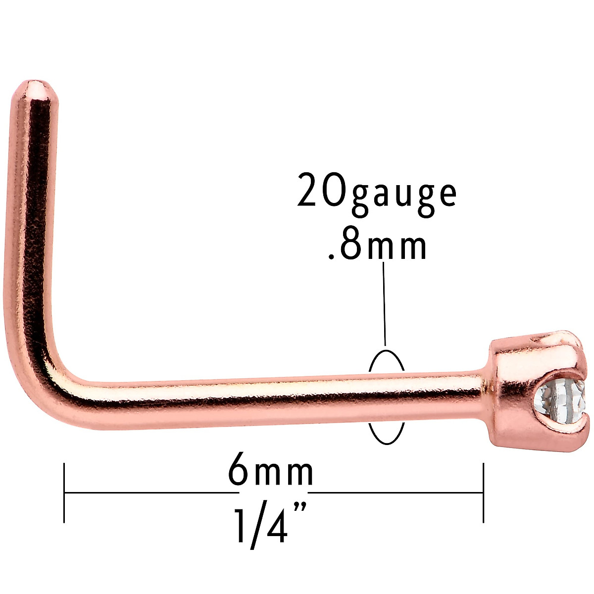 Body Candy 20 Gauge 1/4" at Bend 14k Rose Gold 1.5mm Diamond (0.015 cttw) L-Shaped Nose Ring Nose Stud