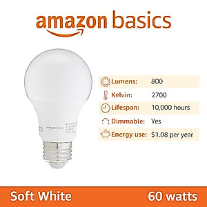 Amazon Basics A19 LED Light Bulb, 60 Watt Equivalent, Energy Efficient 12W, E26 Standard Base, Soft White 2700K, Dimmable, 10,000 Hour Lifetime , 6-Pack