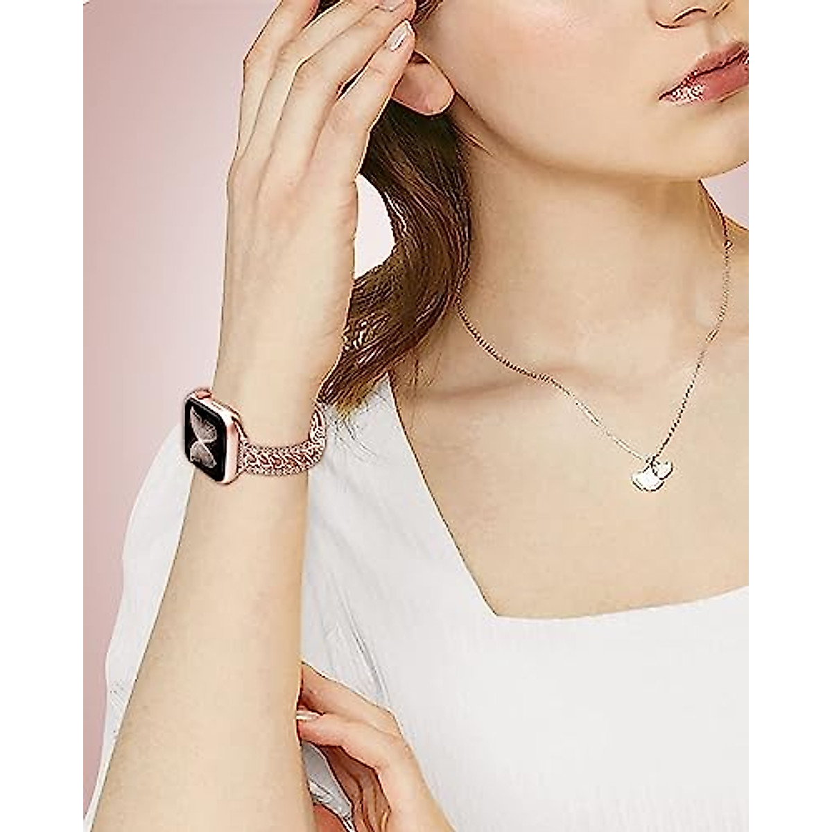 Bling Chain Bracelet Compatible with Apple Watch Band 41mm 40 mm 38mm Series 8 7 6 5 4 3 2 1 SE Women, beu1st Replacement iWatch Band Diamond Rhinestone Stainless Steel Metal Wristband Strap Rose Gold