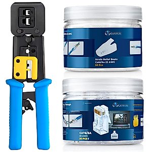 Bundle – 2 items: RJ45 Crimp Tool + 50/50 Pack of Cat6/6a Pass Through Connectors and Strain Relief Boot, for a Thick 23 AWG Large Diameter UTP Cable.