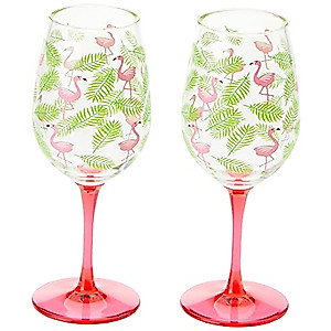 X&O Paper Goods Tropical Pink Flamingo and Palm Leaf Plastic Wine Glass Set, 2pcs, 16 oz., 3.5'' W x 8.75'' H