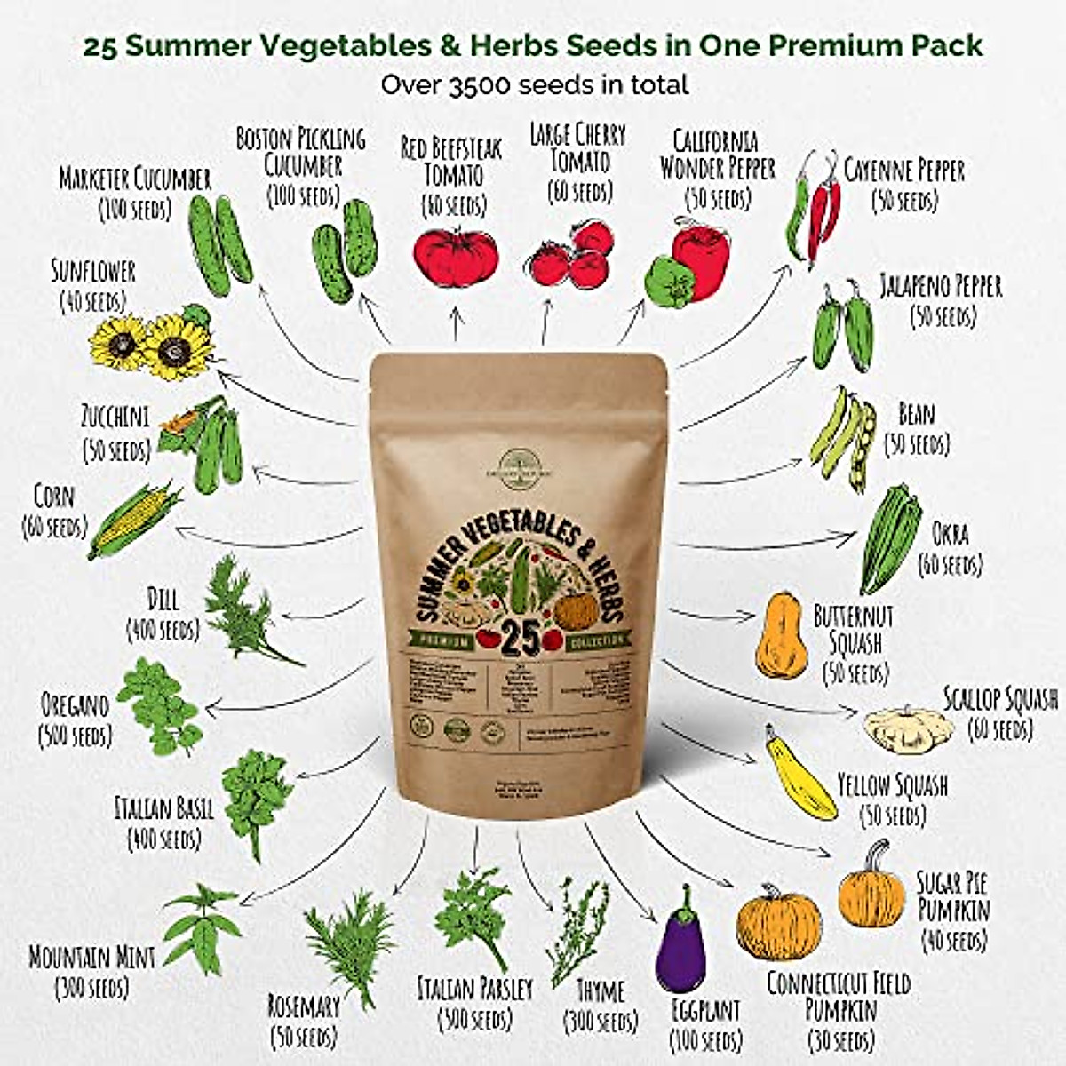 25 Summer Vegetable & Herb Garden Seeds Variety Pack for Planting Outdoors and Indoor Home Gardening 3500+ Non-GMO Heirloom Veggie & Herb Seeds: Tomato Pepper Okra Bean Cucumber Basil Rosemary & More