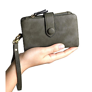 PofeeXIO Womens Small Bifold Leather Wallets Rfid Ladies Wristlet with Card slots id window Zipper Coin Purse (Army Green)