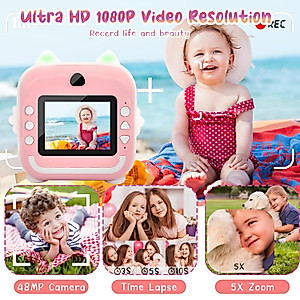 Kids Camera Instant Print Toddler Digital Camera with 1080P HD Video Camera, 2.4"IPS Screen Printing Instant Camera Birthday Gifts for Girls Boys 3-12, 48MP Camera with Phone Connected 32GB Card, Pink