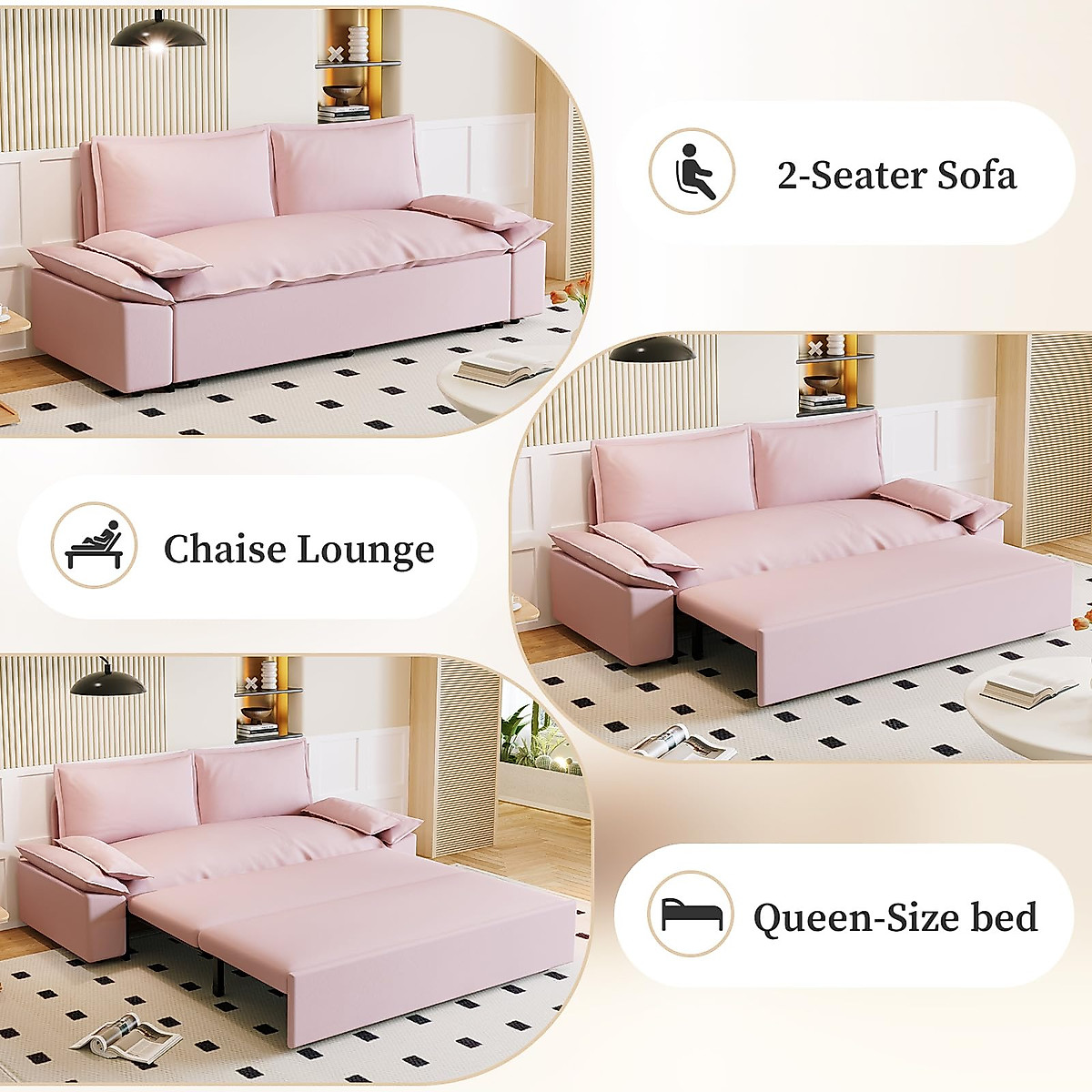 Rovibek 3 in 1 Convertible Sleeper Sofa Bed Queen Size Pull Out Couch Futon Loveseat Velvet Chaise Lounge 2 Seat for Living Room Apartment Small Space, Pink