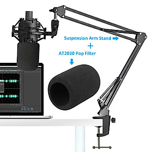 Audio-Technica AT2020 Mic Boom Arm with Foam Windscreen, Suspension Boom Scissor Arm Stand with Pop Filter Cover for Audio-Technica AT2020 Microphone by SUNMON