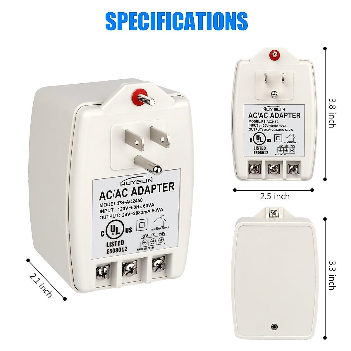 24VAC 50VA Wall Transformer with PTC Fuse Compatible with All Versions of Doorbell，Nest, Ecobee, Sensi and Honeywell Thermostat,Water Solftener,Screw Terminal Output