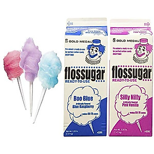Concession Essentials 2 Pack Cotton Candy Floss Sugar. Pink Vanilla and Blue Raspberry. (Two 3.25 lb Containers w/100 Cotton Candy Cones)