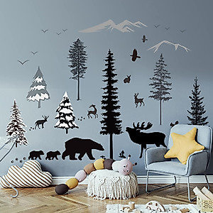 Woodland Nursery Decor Tree Wall Decals Mountain Forest Animal Bear Deer Wall Stickers Forest Wall Mural Sticker Removable Wall Decals for Kids' Room Bedroom Nursery Living Room