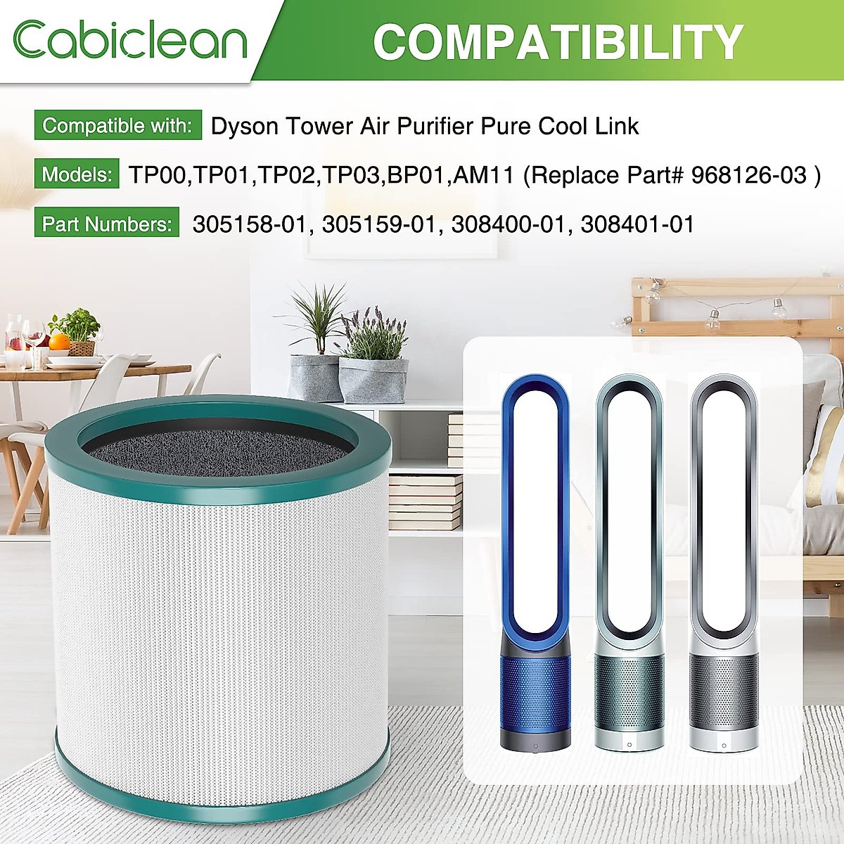 TP01 HEPA Filter Replacement Compatible with Dyson Tower Purifier Pure Cool Link TP01, TP02, TP03, AM11, BP01 Models, Compare to Part # 968126-03 (Pack of 2)