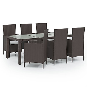 vidaXL Patio Dining Set 7 Piece with Cushions Garden Outdoor Terrace Balcony Dinner Table and Chair Seat Seating Furniture Poly Rattan Brown