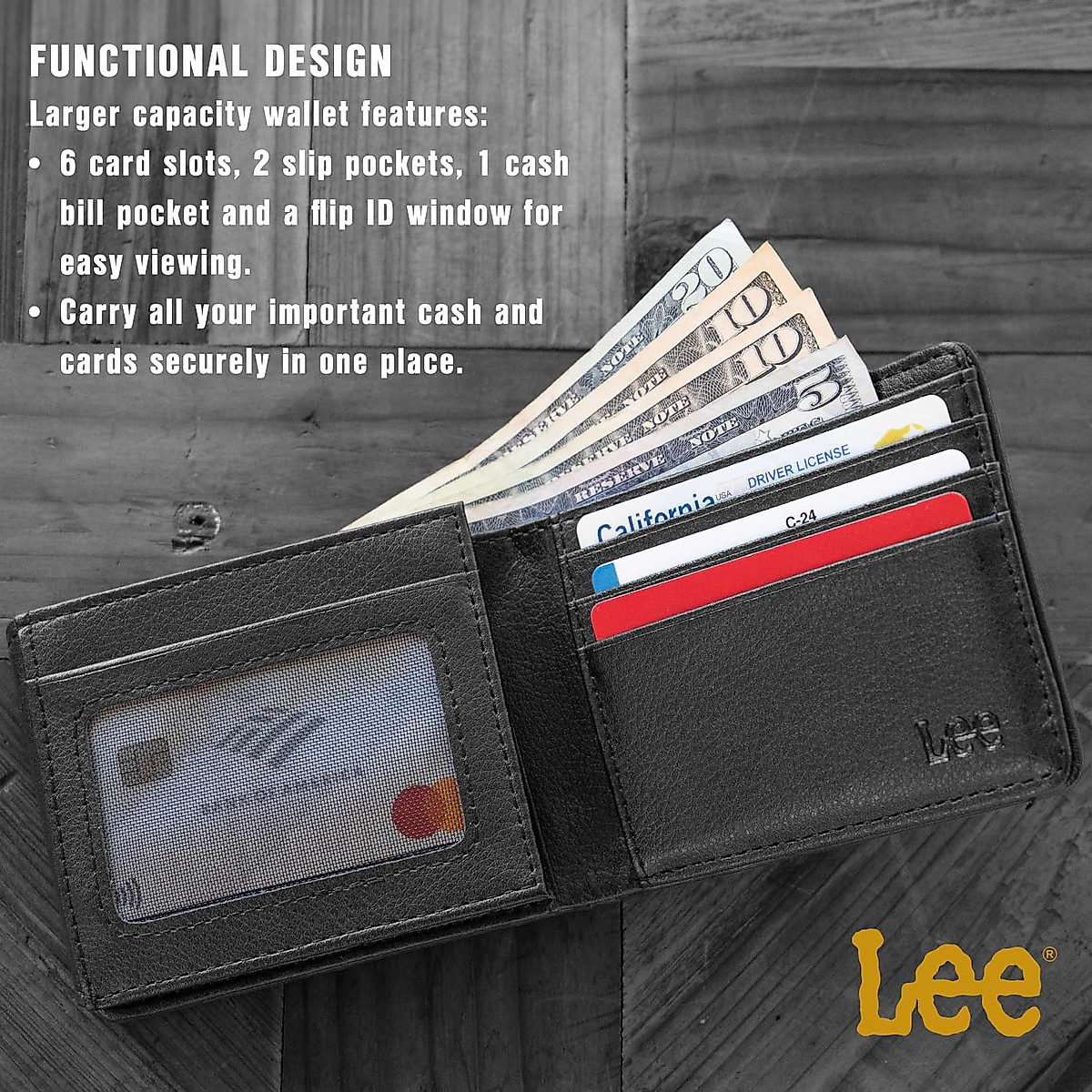 Lee Men’s Bifold Extra Capacity Traveler Wallet Casual Everyday Minimalist Cash and Card Holder with Flip ID Window (Black)