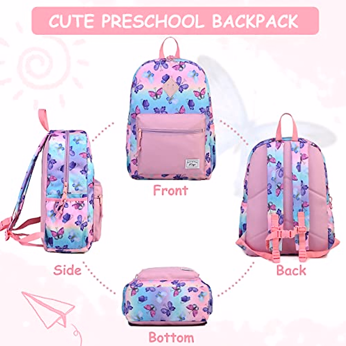 Kasqo Kids Backpack, Water Resistant Lightweight Preschool Toddler Bookbag with Chest Strap for Boys and Girls, butterfly