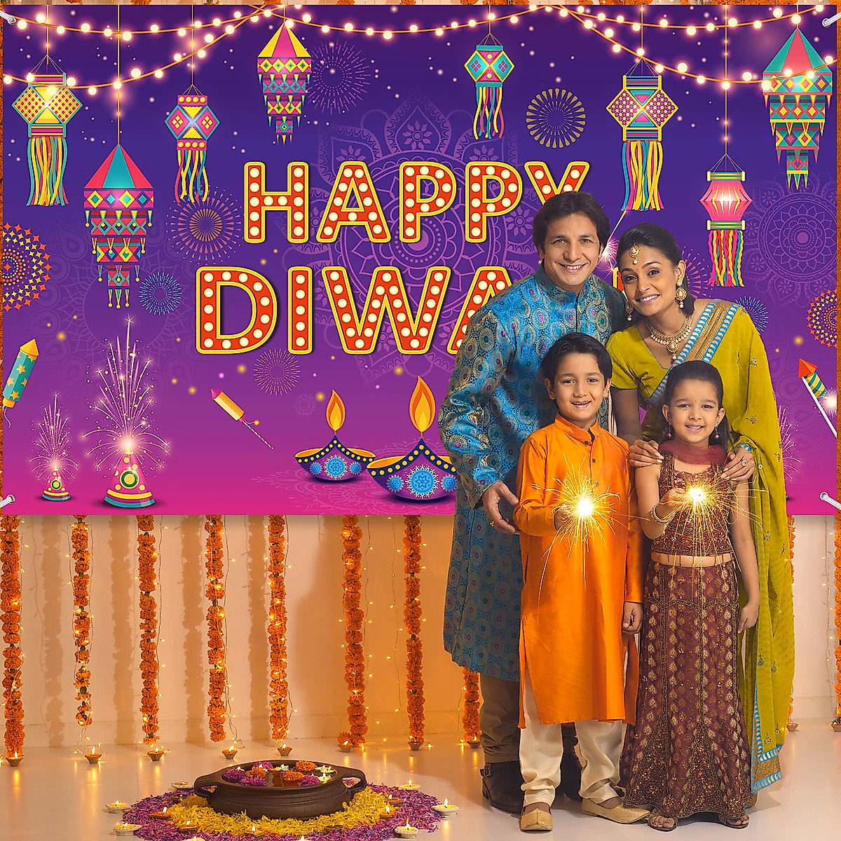 Happy Diwali Backdrop Banner Decorations 73 * 43 Inch Happy Diwali Banner Rangoli Lantern Photography Deepavali Photography Background for Outdoor Home Indian Festival of Lights Party Supplies