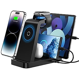 Wireless Charger for iPhone - 5 in 1 Charging Station for Multiple Devices Apple: Fast Wireless Charging Stand Dock for iPhone 15 14 13 12 Pro Max Apple Watch Airpods