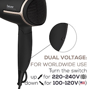 Beurer HC25 Travel Hair Dryer for with Voltage Switch, Powerful Blow Dryrer with Ion Function, 1600W, Anti Frizz, Foldable & Lightweight Styler, Nozzle Attachment