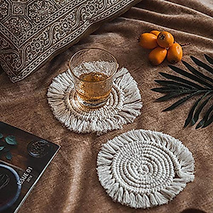 Handmade Macrame Coasters for Drinks, Boho Coasters Set of 2, Round Cotton Woven Absorbent Coasters Heat Resistant Wooden Coffee Table Mats Pads for Home Office Bar Farmhouse Mugs and Cups Decor