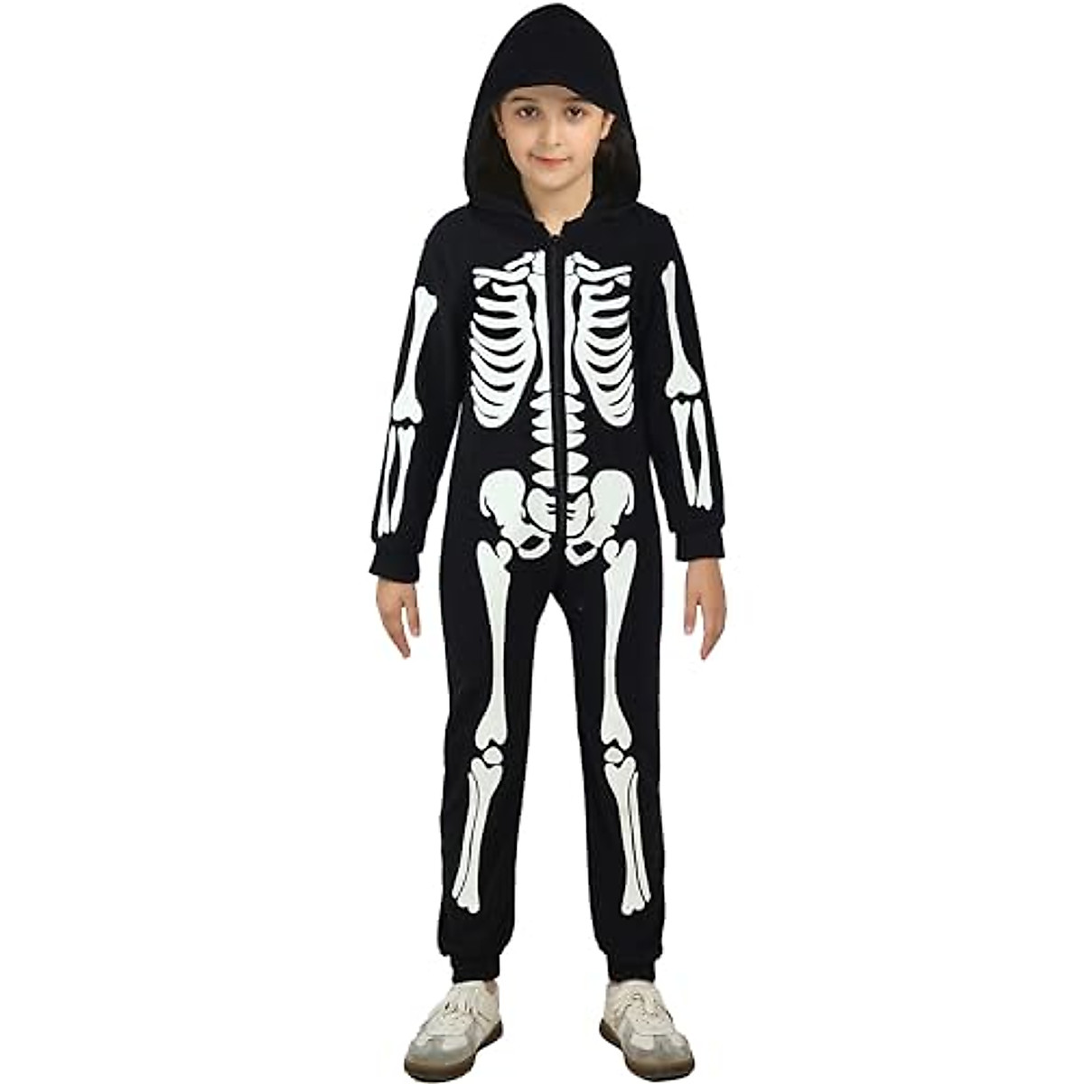 Bordazor Kids Skeleton Costume Glow in The Dark One-Piece Skeleton Hoodie for Halloween (8-10 Years)