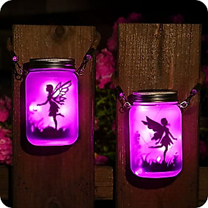 Alritz 2 Pack Solar Lantern Fairy Lights, Garden Ornament Lights - Outdoor Hanging Frosted Glass Mason Jar Lights for Tree, Table, Yard, Garden, Patio, Lawn (Rose)