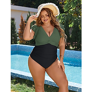 Blooming Jelly Women's Plus Size Swimsuit One Piece Tummy Control Bathing Suit Modest Vintage Push Up Ruffle Sleeve Swim Suits (Army Green and Black,3X-Large)