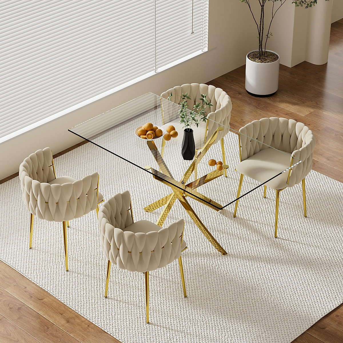 HAIZAO 63" Glass Dining Table for 4-6, Contemporary Rectangular Dining Room Table with Tempered Glass Top & Gold Finish Stainless Steel Legs, Modern Large Kitchen Table for Home Office