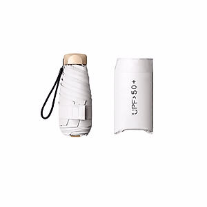 Mini Travel Sun Umbrella with Case, Small Compact UV Protection Umbrella for Sun and Rain, Lightweight Windproof Umbrella for Women Men Kids (Rice White)
