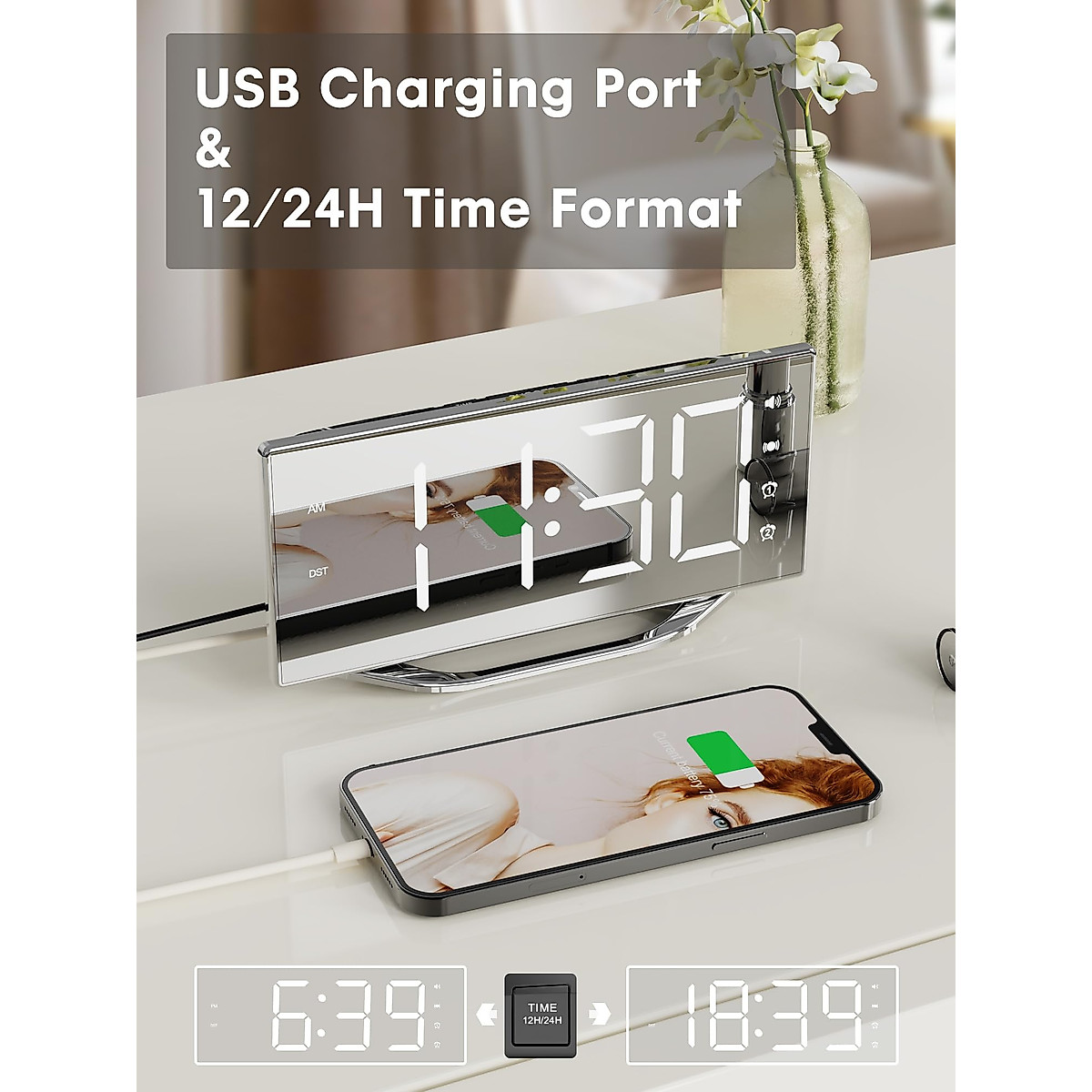 Extra Loud Vibrating Alarm Clock with Bed Shaker for Deep Sleepers Adult Hearing impaired Deaf, Dual Alarms Digital Clock for Bedroom,8.7'' Large Mirror LED Display,USB Charger,Battery Backup,Dimmable