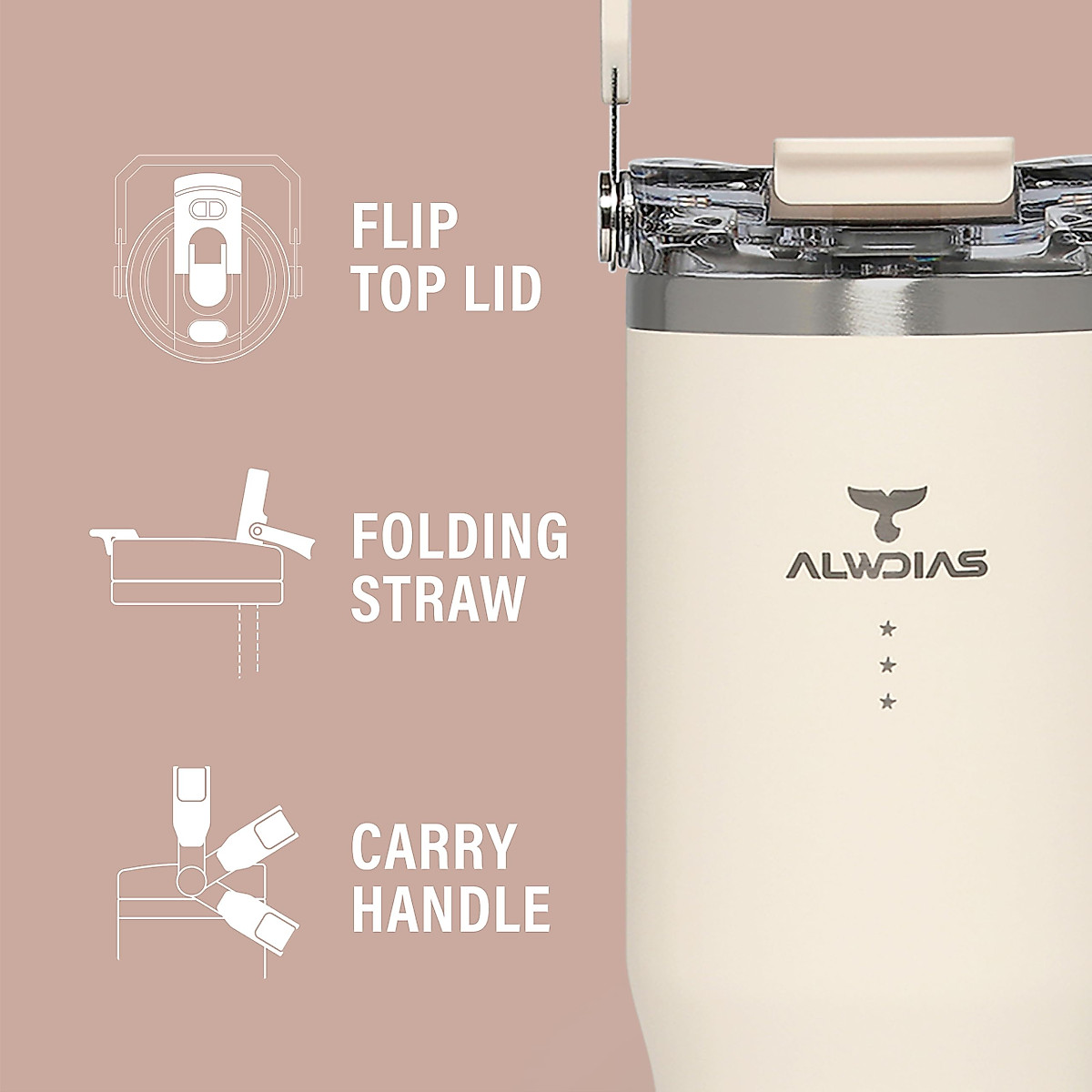 Alwdias Samsta Stainless Steel Tumbler with Handle and Straw | Leakproof Vacuum Insulated Water Bottle | Keep Cold 24H | Cup Holder Friendly Double Walled Travel Mug | 32 oz, White Cream