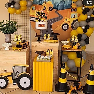 1 PCS Construction Happy Birthday Cake Topper Glitter Construction Cake Pick Dump Truck Excavator Tractor Cake Decorations for Construction Theme Baby Shower Kids Birthday Party Supplies Black