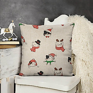 Happy Face Cats Christmas Throw Pillow Covers 18×18 Pillowcases Set of 2 Winter Doodles Linen Decorative Square Pillow Case Cushion Covers Standard Size for Sofa Couch Outdoor Bed Pillow Protectors