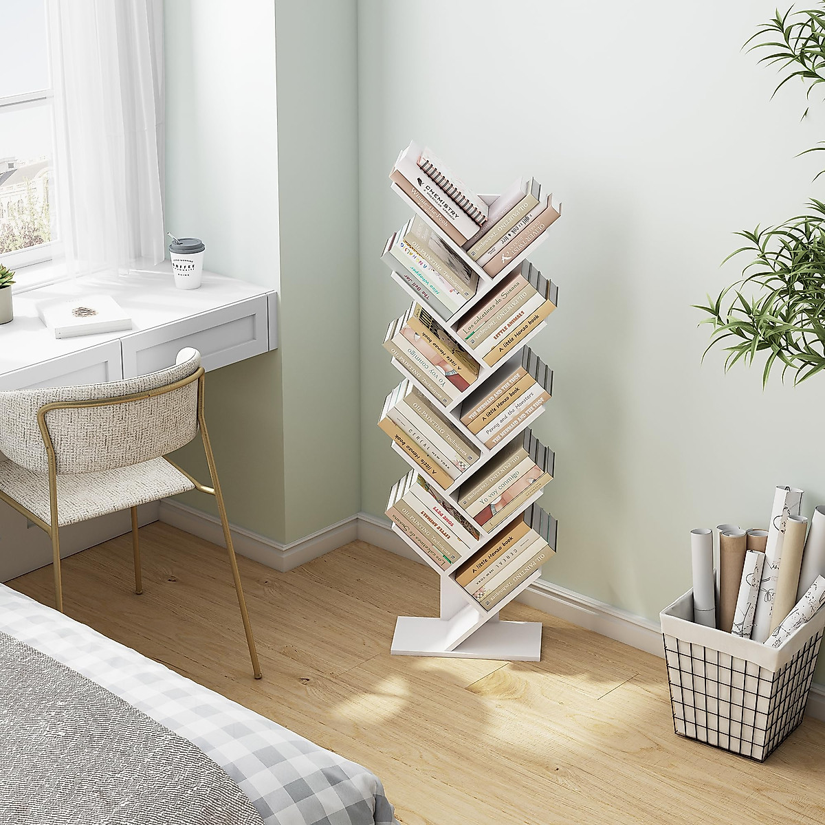 Hoctieon 10 Tier Tree Bookshelf, 10 Shelf Bookcase, Free Standing Tree Bookcase, Display Floor Standing Shelf for Books, Book Shelf Organizer, White