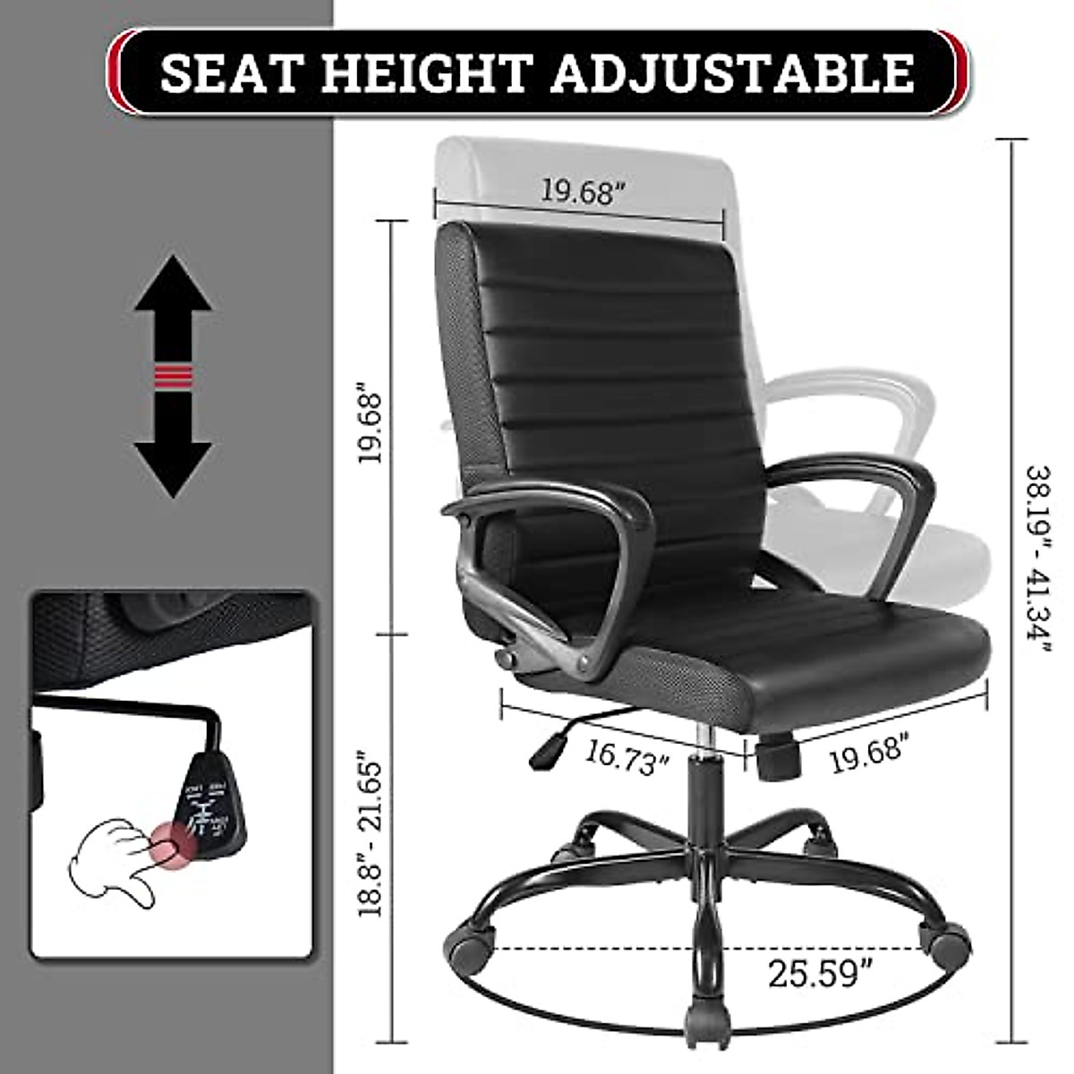 Executive Home Office Chair, Ergonomic Computer Desk Chair Bonded Leather, Adjustable Swivel Rolling Task Chairs Mid Back with Armrests