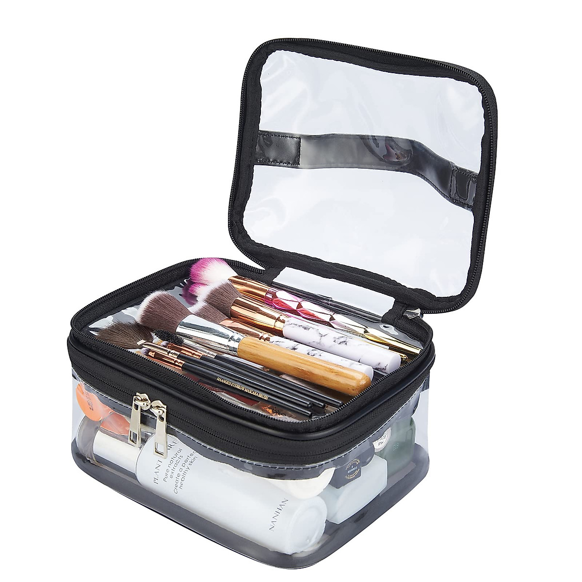 HAOGUAGUA Double Layer Clear Cosmetic Bag Makeup Bag, Waterproof Travel Toiletry Bag, Transparent PVC Hair & Nail Accessories Pouch Beach Bag Organizer (Black)