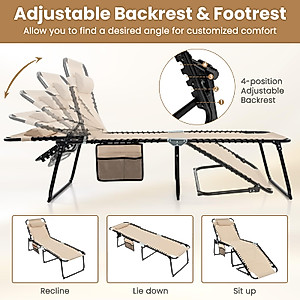 GYMAX Lounge Chairs for Outside, Extra High Folding Beach Tanning Lounger with Adjustable Backrest, Footrest & Removable Pillow, Sunbathing Lounge for Patio, Poolside (1, Sand with Pocket)