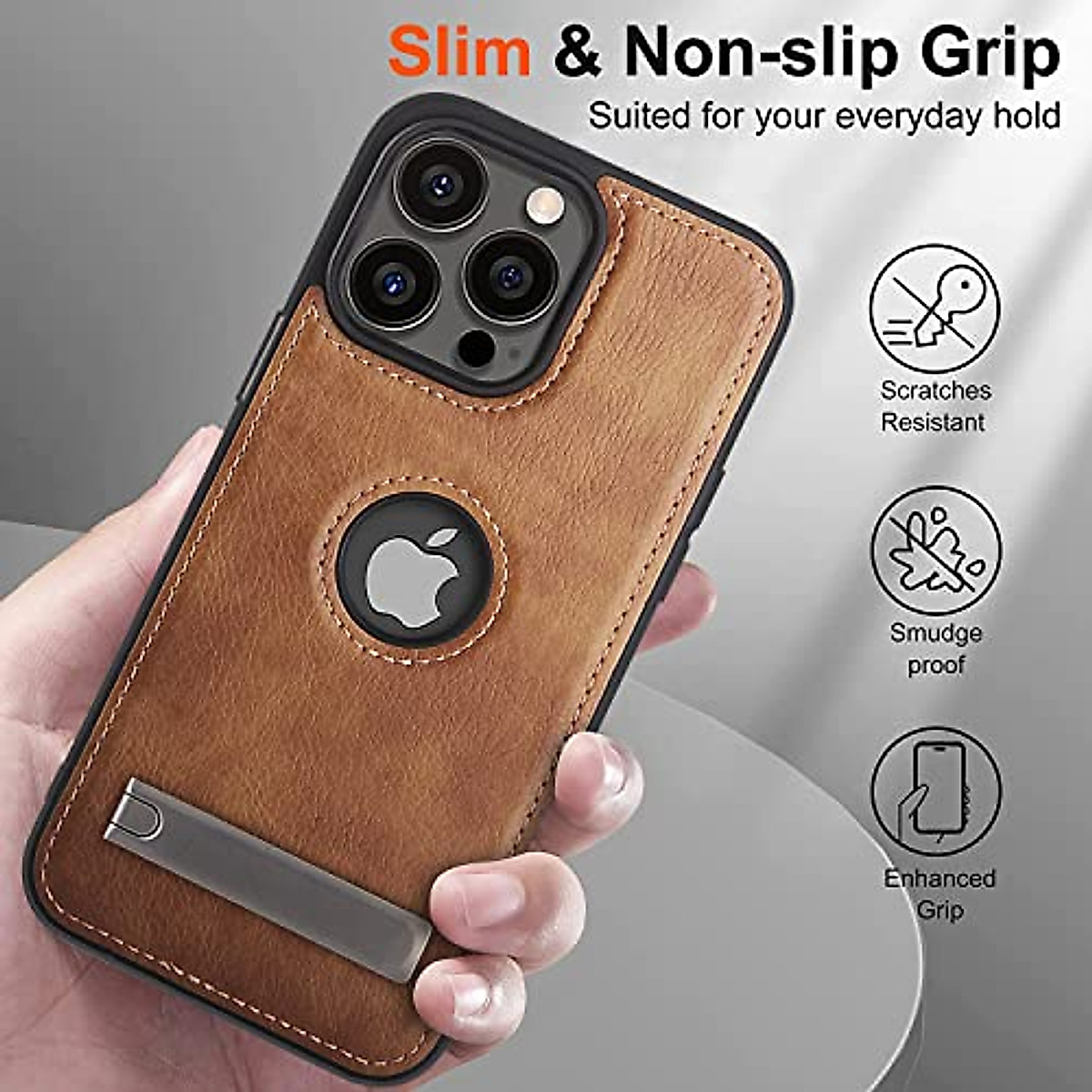 WTCASE for iPhone 14 Pro Max Leather Case, Thin Flexible Soft Grip Luxury Vgean Cover for Men, Protective Slim Kickstand Shockproof Phone Cases Compatible with iPhone 14 Pro Max(2022) 6.7" (Brown)