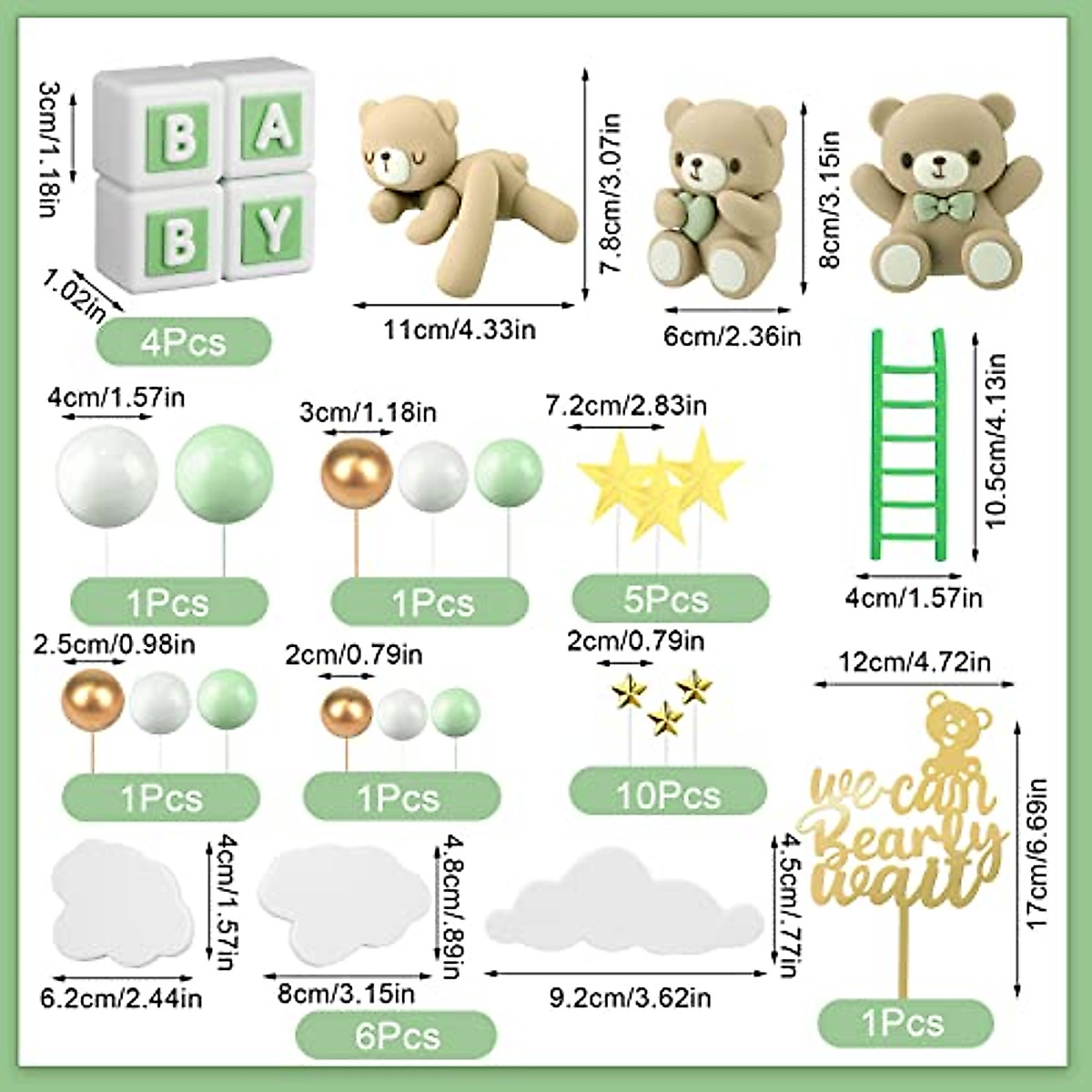 41 Pcs/Set Bear Cake Toppers Mini Bear Cake Decorations Cake Toppers Gold White Pearl Ball for Boy Girl Baby Shower Birthday Party Decorations (Green, Brown, Cute Style)