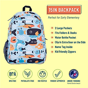 Wildkin 15-Inch Kids Backpack for Boys & Girls, Perfect for Early Elementary Daycare School Travel, Features Padded Back & Adjustable Strap (Big Fish)