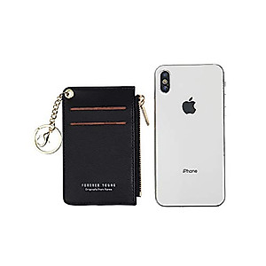 Small Wallets for Women Slim Leather Card Case Holder Wallet Coin Change Purse with Keychain (Black)