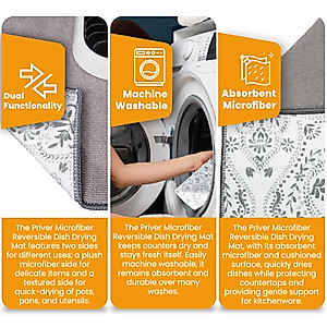 Priver Absorbent Microfiber Reversible Dish Drying Mat - Large Kitchen Counter Mat for Quick Drying of Dishes, Flatware, Bottles & Breast Milk Stuff - Washable, and Waterproof Dish Mat - Grey, 2 pack