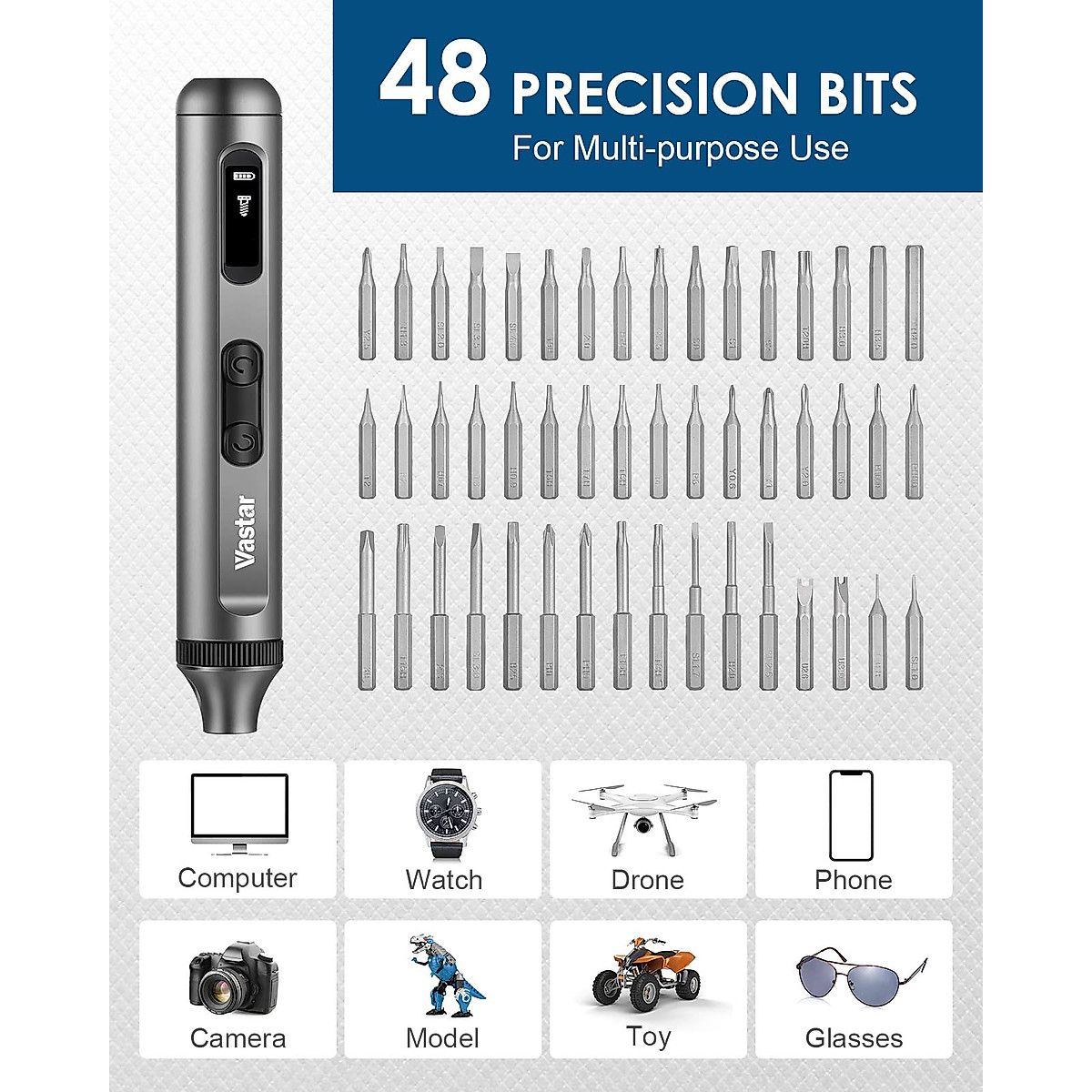 Vastar Mini Electric Screwdriver, 52 in 1 Precision Screwdriver Set with 48 Magnetic Bits, Rechargeable Power Torque Repair Tool Kit with Led Lights for ipad Phones Laptops PC Computer MacBook Camera