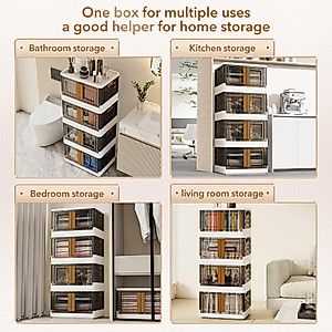 BOQORAD Stackable Storage Bins with Lids, 10 Gal Collapsible Plastic Storage Bins With Wheels, Folding Storage Cabinet with Doors, Foldable Toy Clothes Organizer for Closet Home Dorm, 4 Pack White