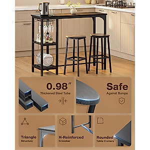 Qsun Small Bar Table Set for 2, Bar Table with Stools, Kitchen Table for 2 with 2 Storage Shelves & Wine Glass Holder, Small Dining Table for Small Apartment, Dining Room, Black