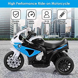 Costzon Licensed BMW Kids Electric 3-Wheel Ride-On Motorcycle Toy for Boys & Girls, with Headlights, Music and Battery Powered Pedal