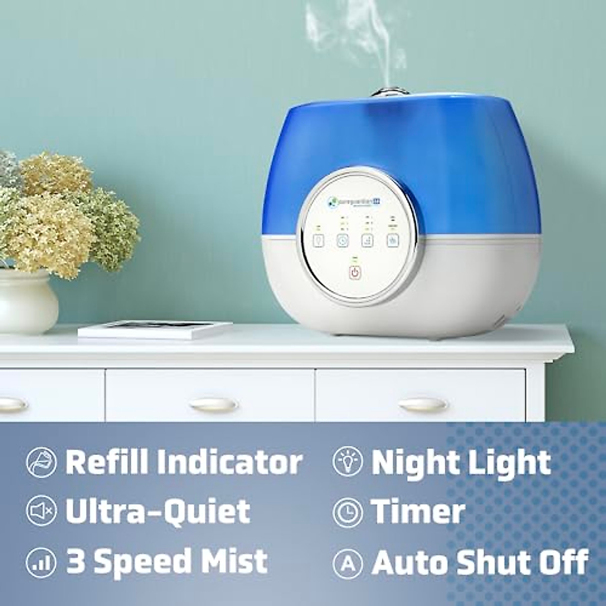 PureGuardian H4810AR Ultrasonic Warm and Cool Mist Humidifier for Bedrooms, Quiet, Filter-Free, 120 Hr, 2 Gal Treated Tank Surface Resists Mold, Pure Guardian Humidifier with Essential Oil Tray