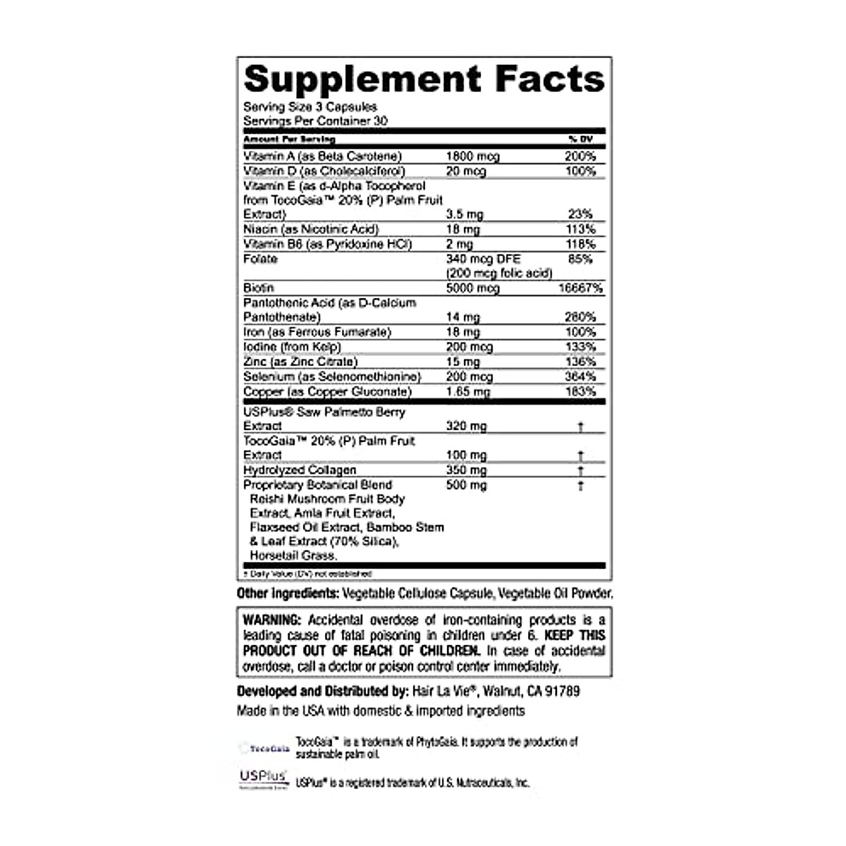 Hair La Vie Clinical Formula Hair Growth Vitamins for Women and Men with Biotin 5000mcg, Collagen, and Saw Palmetto - Healthy Hair Growth Supplement Within Normal ranges 90 Count (Pack of 1)