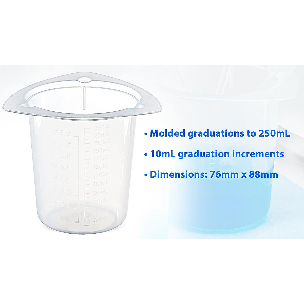 Globe Scientific 3642 Clarified Polypropylene Three Corner Graduated Beaker, Economy Style, 250mL Capacity, Pack of 100