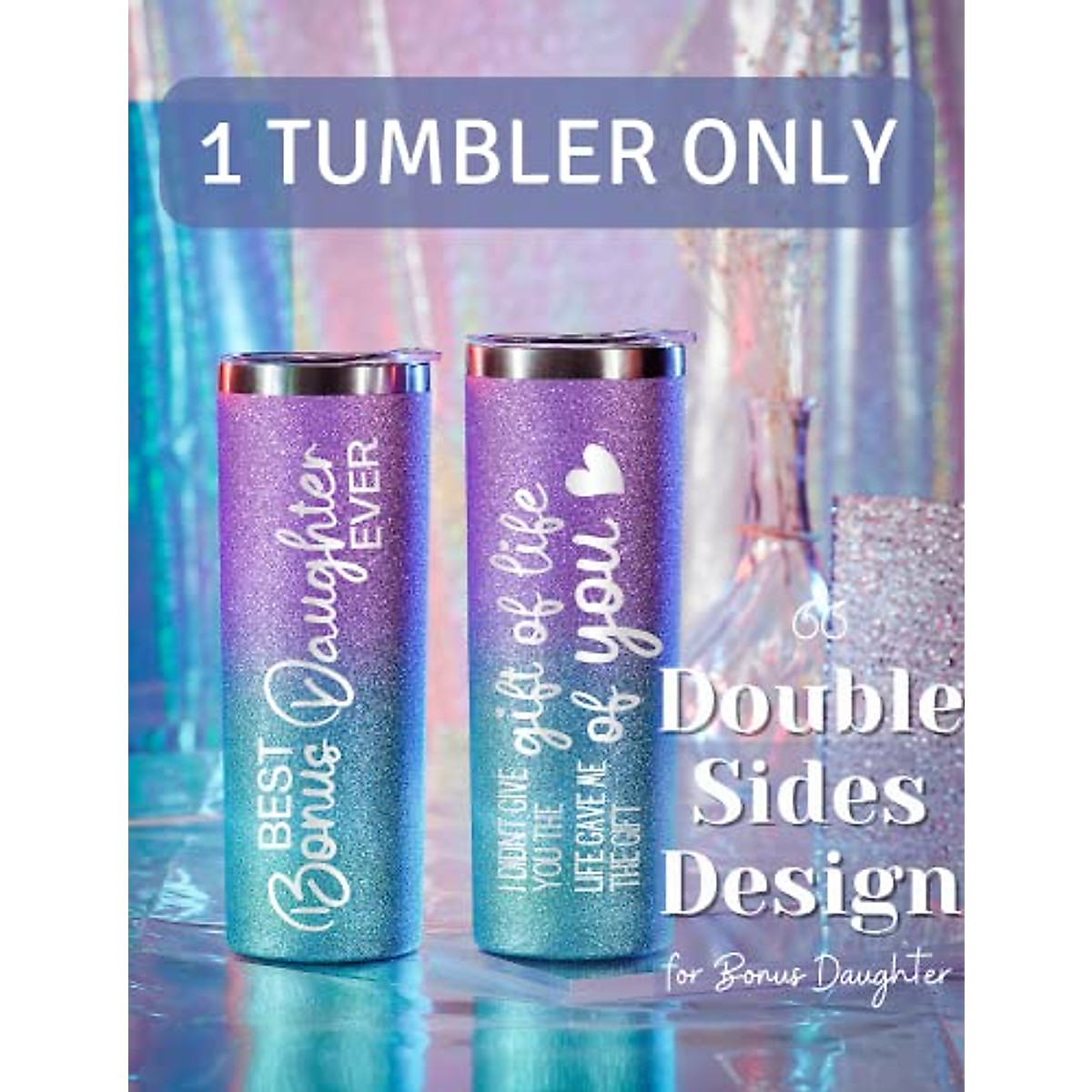 Onebttl Bonus Daughter Gifts, Gifts for Bonus Daughter on Birthday, Christmas or Thanksgiving, 20oz Stainless Steel Travel Mug with Lid and Straw - Best Bonus Daughter Ever Purple Blue