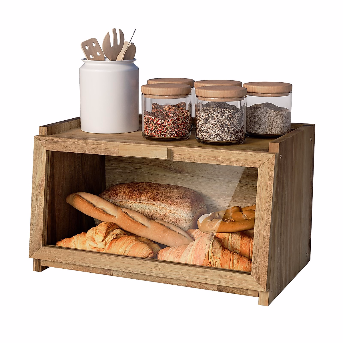 Acacia Wood Bread Box for Kitchen Countertop, Large Wooden Bread Storage Container, with Clear Window Back Air Vent and Anti-falling Design, Bread Boxes for Keeping Food Fresh in Home and Kitchen