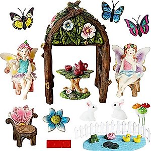 Miniature Fairy Garden Fairies - Fairy Houses Accessories Mini Village Patio Indoor Outdoor Garden Set Kit Decor Flower Succulent Garden for Kids Girl Boy Birthday Gifts Cake Topper Decorations