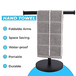 Towel Rack T-Shape Foldable Bar, Hand Towel Stand for Bathroom, Hand Towel Holder Stand for Bathroom,Kitchen,Vanity Countertop,Free Standing Rack Matte Black Stainless Steel with Heavy Anti-Slip Base